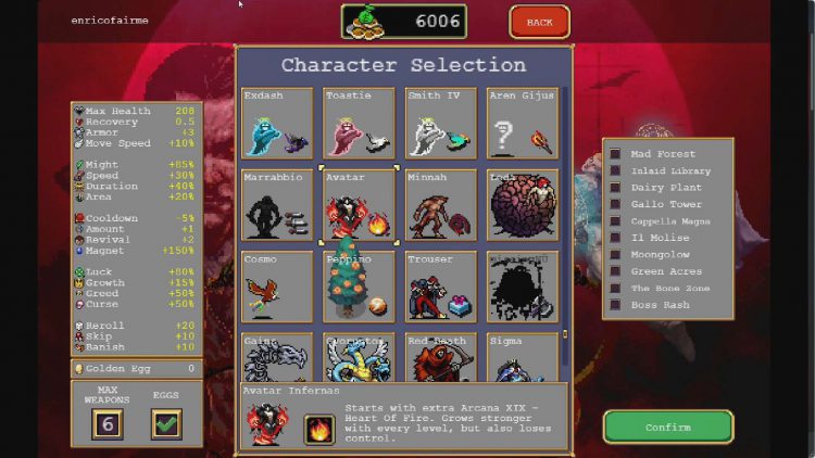 Vampire Survivors Avatar Infernas Unlock Guide - Hold to Reset