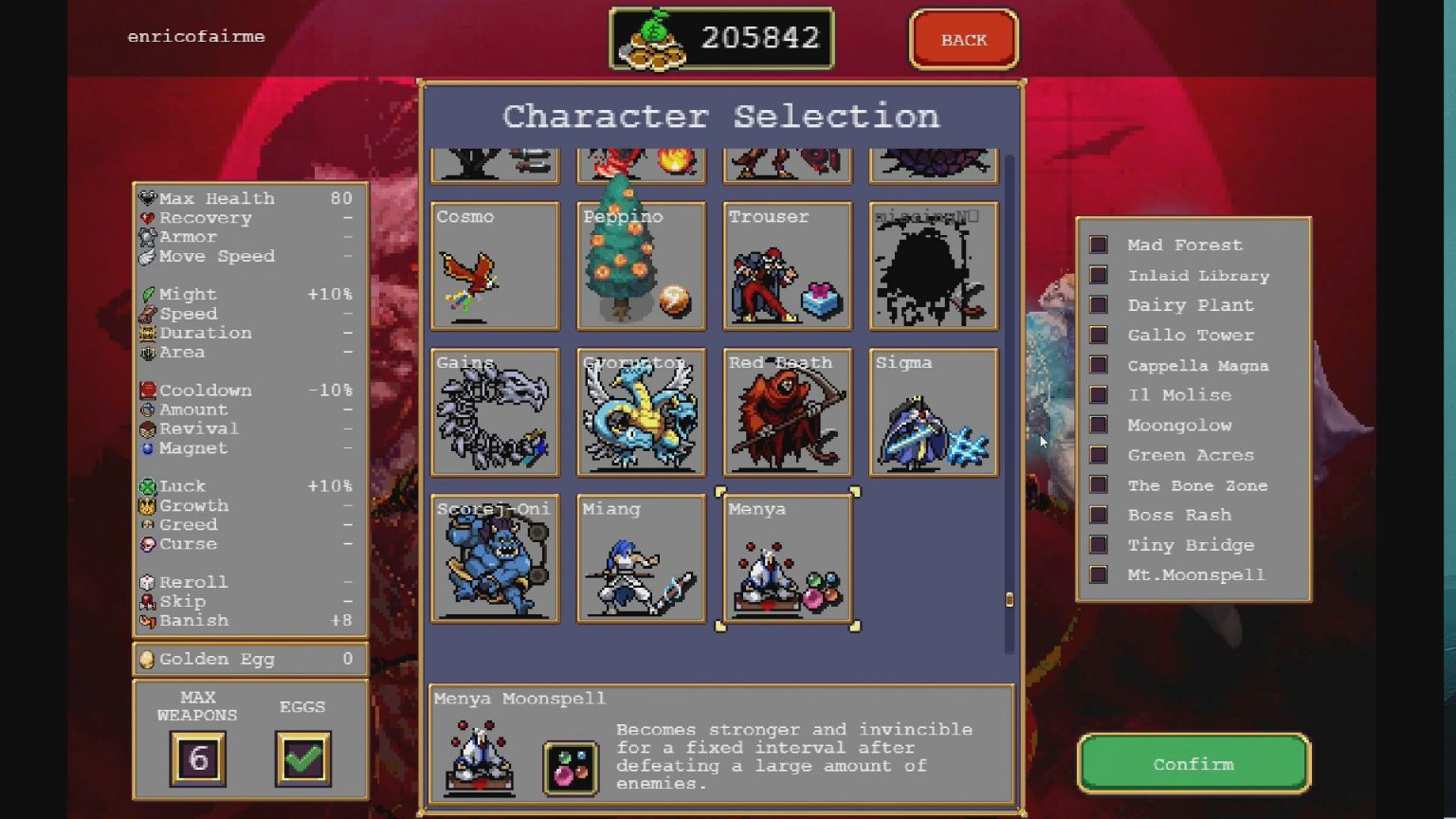 How to Unlock Menya Moonspell in Vampire Survivors - Hold to Reset