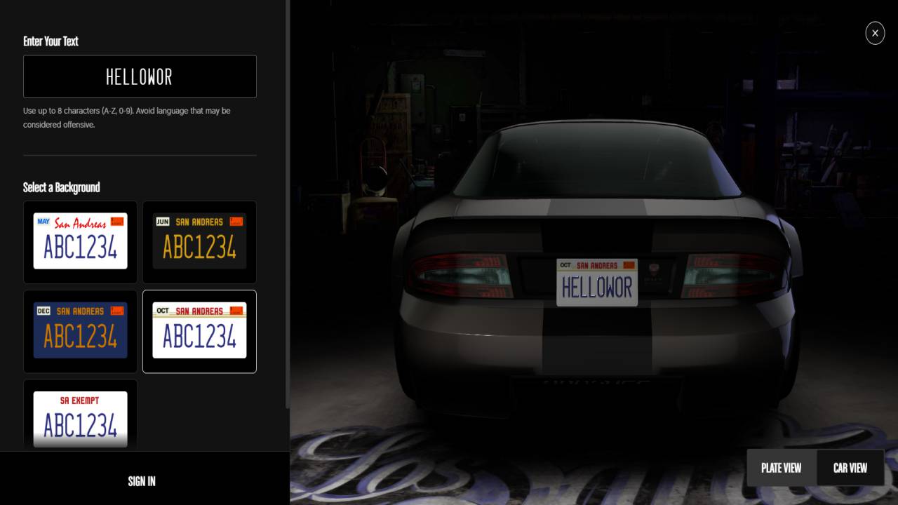 GTA Online License Plate Creator Hold To Reset