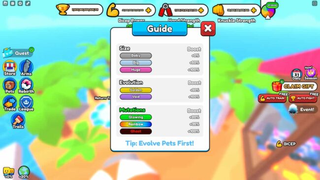 Arm Wrestle Simulator Pet Boosts - Hold to Reset