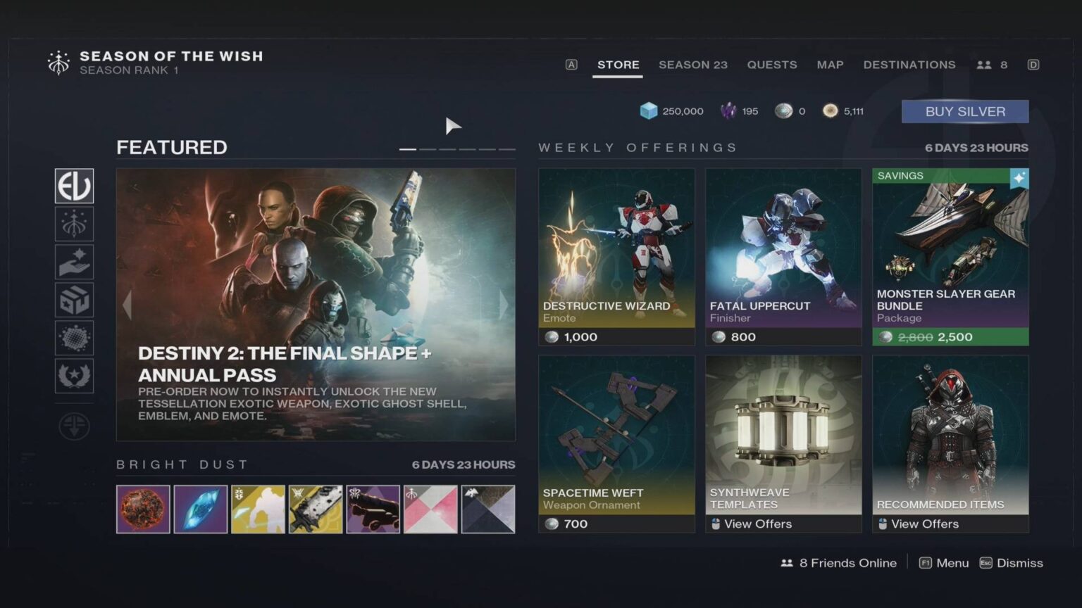 Destiny 2 Eververse Featured & Bright Dust Items - Hold to Reset